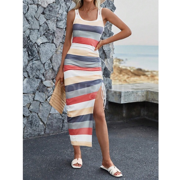 Rouge! | Dresses | Striped Tank Dress Drawstring Side Leg Slit Ribbed ...